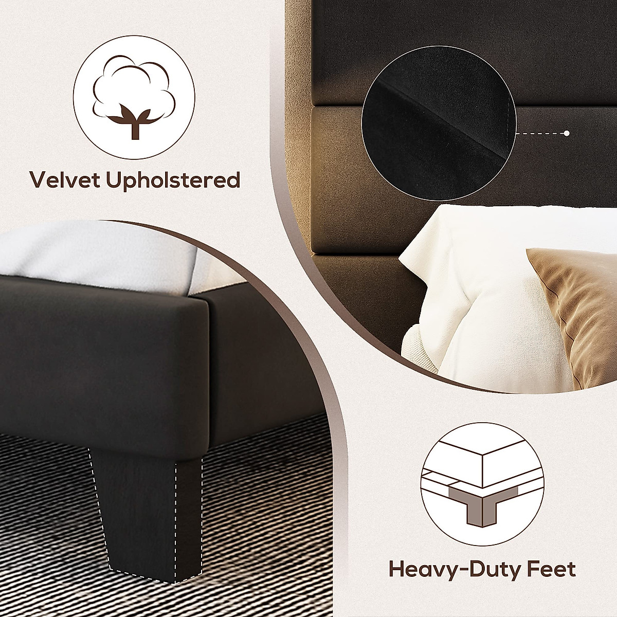 WEEWAY Queen Bed Frame Platform Bed with Velvet Upholstered Headboard and Wooden Slats Support, Heavy Duty Mattress Foundation, No Box Spring Needed, Easy Assembly, Black