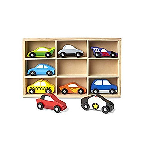 Melissa & Doug Wooden Cars Vehicle Set in Wooden Tray - Toys For Toddlers And Kids Ages 3+