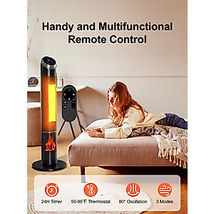 Uthfy Space Heater Indoor, 38" Electric Room Heater with Flame, 24H Timer, Portable Tower Heater with Remote, Thermostat, 3 Modes, Tip-over and Overheat Protection, for Bedroom Office Large Room Use