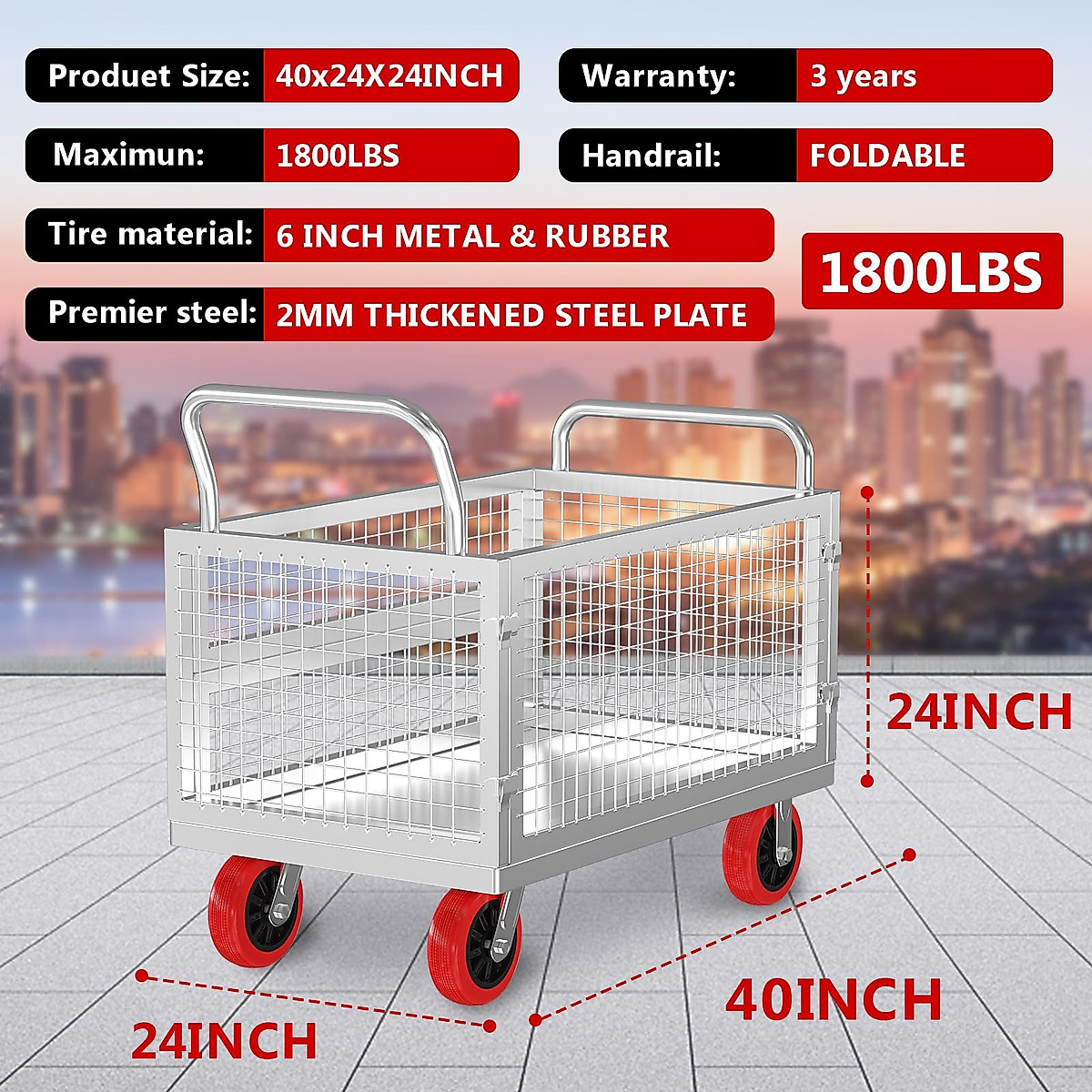 5IN1 Heavy Duty Platform Truck Cart with Cage-40×24" Hand Truck,1800lbs Capacity Basket Cart w/Wheels,Multi-Functional Push Cart Dolly w/6” Swivel Casters, Versatile Flatbed Cart丨Stall Cart