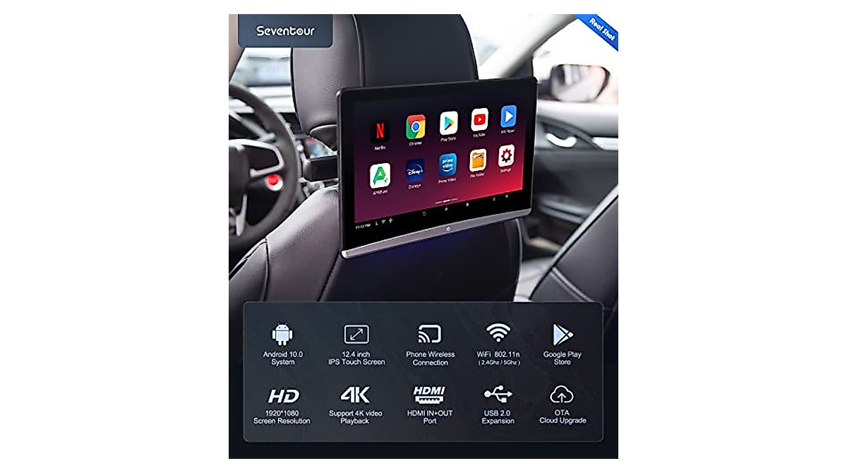 12.4" Android Car TV Headrest Monitor - Wireless Mirror Link