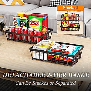 GILLAS 2 Tier Fruit Basket Countertop for Kitchen, Vegetable Bread Basket Fruit Bowl Storage Stand Detachable Metal Rectangular Wire Basket Black Medium