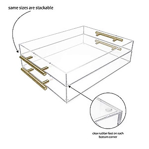 Isaac Jacobs Clear Acrylic Serving Tray (11x14) with Gold Metal Handles, Spill-Proof, Stackable Organizer, Food & Drinks Server, Indoors/Outdoors, Lucite Storage Décor (11x14, Clear with Gold Handle)