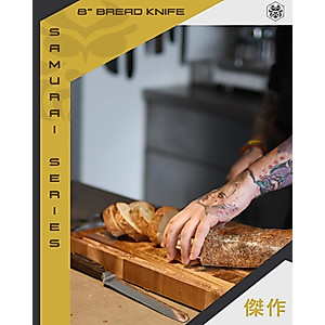 KESSAKU Serrated Bread Knife - 8 inch - Samurai Series - Razor Sharp Kitchen Knife - Forged 7Cr17MoV High Carbon Stainless Steel - Wood Handle with Blade Guard