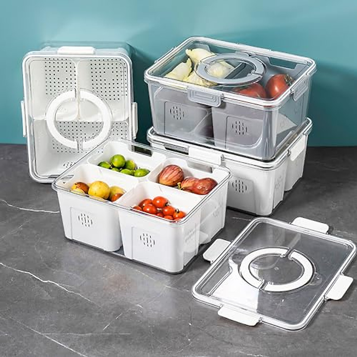 Quincry Fridge Organizer with Lids，Stackable Refrigerator Organizer Bins, Removable Containers for Food and Storage，For Fruit,Refrigerator Tissue,Vegetables,Food And Beverages (4 Compartments-White)