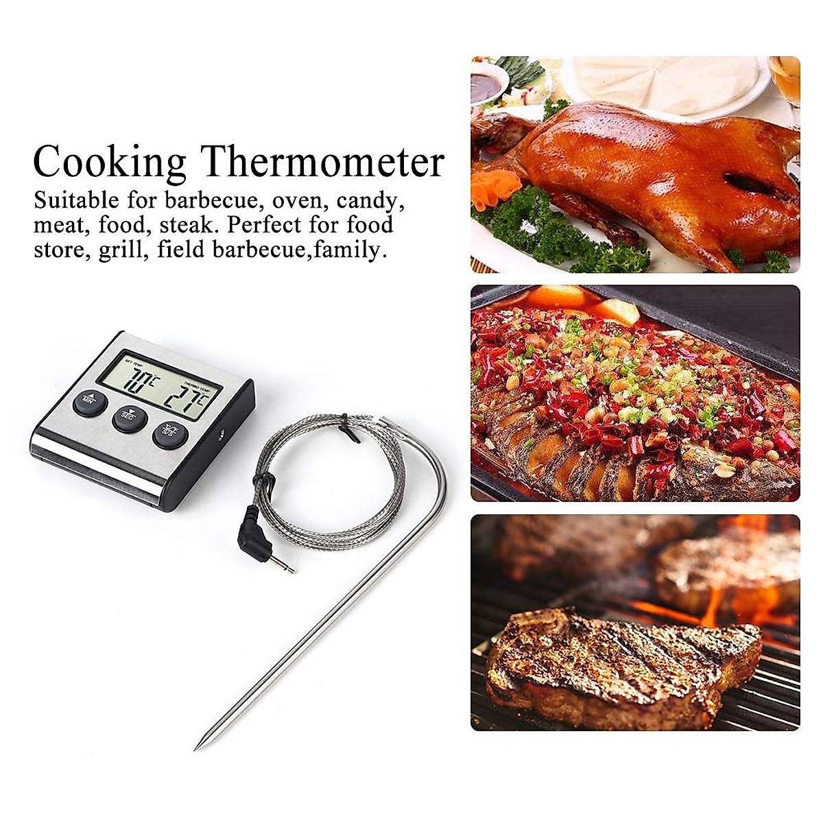Digital Cooking Thermometer, Kitchen LCD Thermometer, BBQ Thermometer Cooking Meat Grilling Thermometer with Timer Function for Food Store/Grill/Family, Magnet on The Back