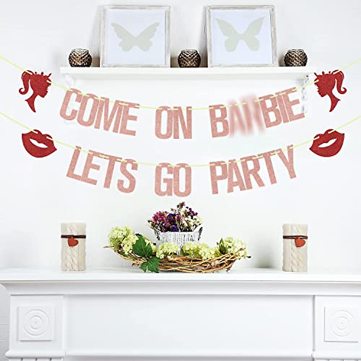 Come on Ba*bie Lets Go Party Banner, Bachelorette Party Decorations, Ba*bie Theme Party Banner Decor, Bride To Be, Bridal Shower Party Decorations Rose Gold and Red Glitter