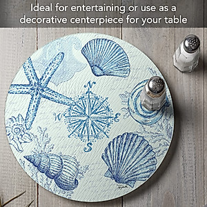 CounterArt Coastal Sketch 4mm Heat Tolerant Tempered Glass Lazy Susan Turntable 13" Diameter Cake Plate Condiment Caddy Pizza Server