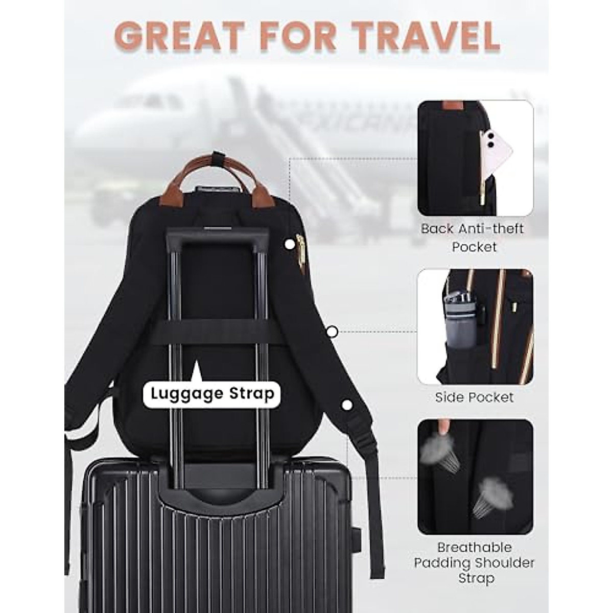 LOVEVOOK Laptop Backpack for Women, Large Capacity Travel Work Bags, Anti-theft Business Computer Backpacks Purse with 15.6 Inch Laptop Compartment, Casual Hiking Daypack, Black-Brown