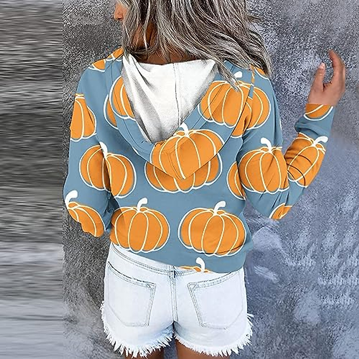 JDHUFEI Halloween Hoodie for Women Fall Casual Long Sleeve Pullover Pumpkin Print Drawstring Sweatshirt Button Loose Fit Tops