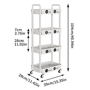 Laiensia 4-Tier Storage Cart,Multifunction Utility Rolling Cart Kitchen Storage Organizer,Mobile Shelving Unit Cart with Lockable Wheels for Bathroom,Laundry,Living Room,With Classified Stickers,White