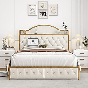 HITHOS Queen Size Bed Frame with 2 Drawers and Storage Headboard, Button Tufted Modern Upholstered Platform Bed with Charging Station, No Box Spring Needed, 51.6" Tall Headboard, Off White