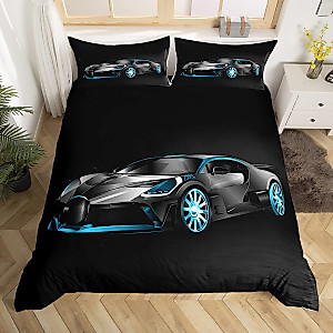 Racing Car Bedding Set for Boys Kids Teens Men Extreme Speed Sports Themed Comforter Cover Competition Bedroom Decor Full Size 3 Pcs (1 Duvet Cover +2 Pillow Shams), Luxury Black
