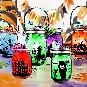 Shemira Halloween Craft Kit for Kids, 6 pcs Glass Mason Jar with Accessories for DIY Lantern Jar, Halloween Art & Craft Party Supplies, Halloween Art Activities,Halloween Craft and Art Party Supplies