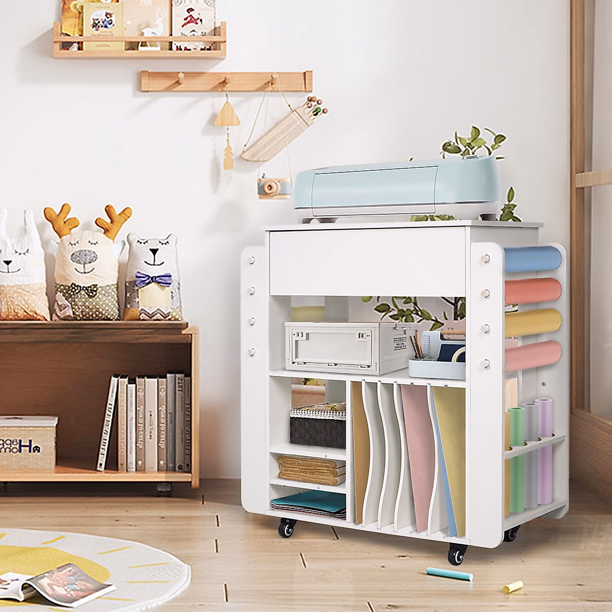 foiry Craft Organization and Storage Cart Crafting Cart Cabinet Workstation with Vinyl Roll Holder Compatible with Cricut Machine, Craft Organizer for Craft Room Home 24.3''x14.2''x29.8''