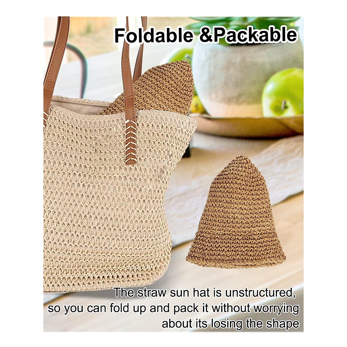 Rulala Fancy Womens Sun Hat Handmade Straw Bucket UV Protection Wide Brim Packable Travel Summer Cap for Beach UPF 50+(Khaki)