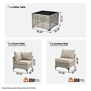 ovios 7 Piece Outdoor Patio Furniture with Glowing Coffee Table, Rattan Wicker Coversation Set with Sofa, Sectional Single Chairs for Outside Porch Balcony Backyard Pool,Beige