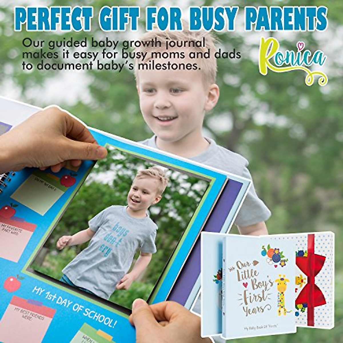 Ronica Baby Boy Gift Set with Baby Memory Book, Monthly Stickers: Modern Photo Journal and Keepsake Album for Boys, First 5 Years, Shower Gift Idea for Mom, Dad Or Grandparents