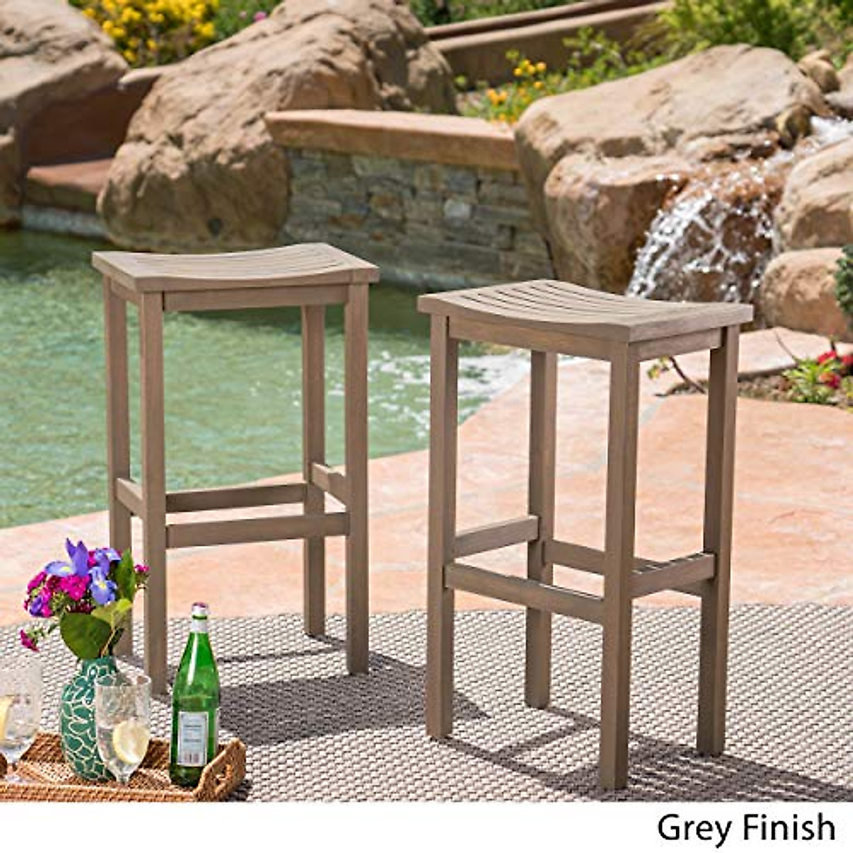 Christopher Knight Home Caribbean Outdoor 30" Acacia Wood Barstools, 2-Pcs Set, Grey Finish