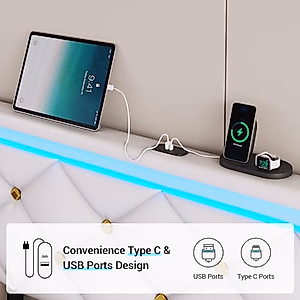DICTAC Floating King Bed Frame with LED Lights and USB Ports Modern Upholstered Platform LED Bed Frame King Size with Headboard Faux Leather Low Profile Floating Bed Frame, No Box Spring Needed,White