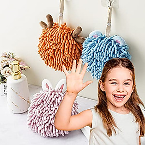 BATTILO PTY Fuzzy Ball Towel 4-Pack Cute Kids Chenille Hand Towels with Hanging Loop,Microfiber Kitchen Towels Hand Towel Ball for Bathroom(6 Pack)