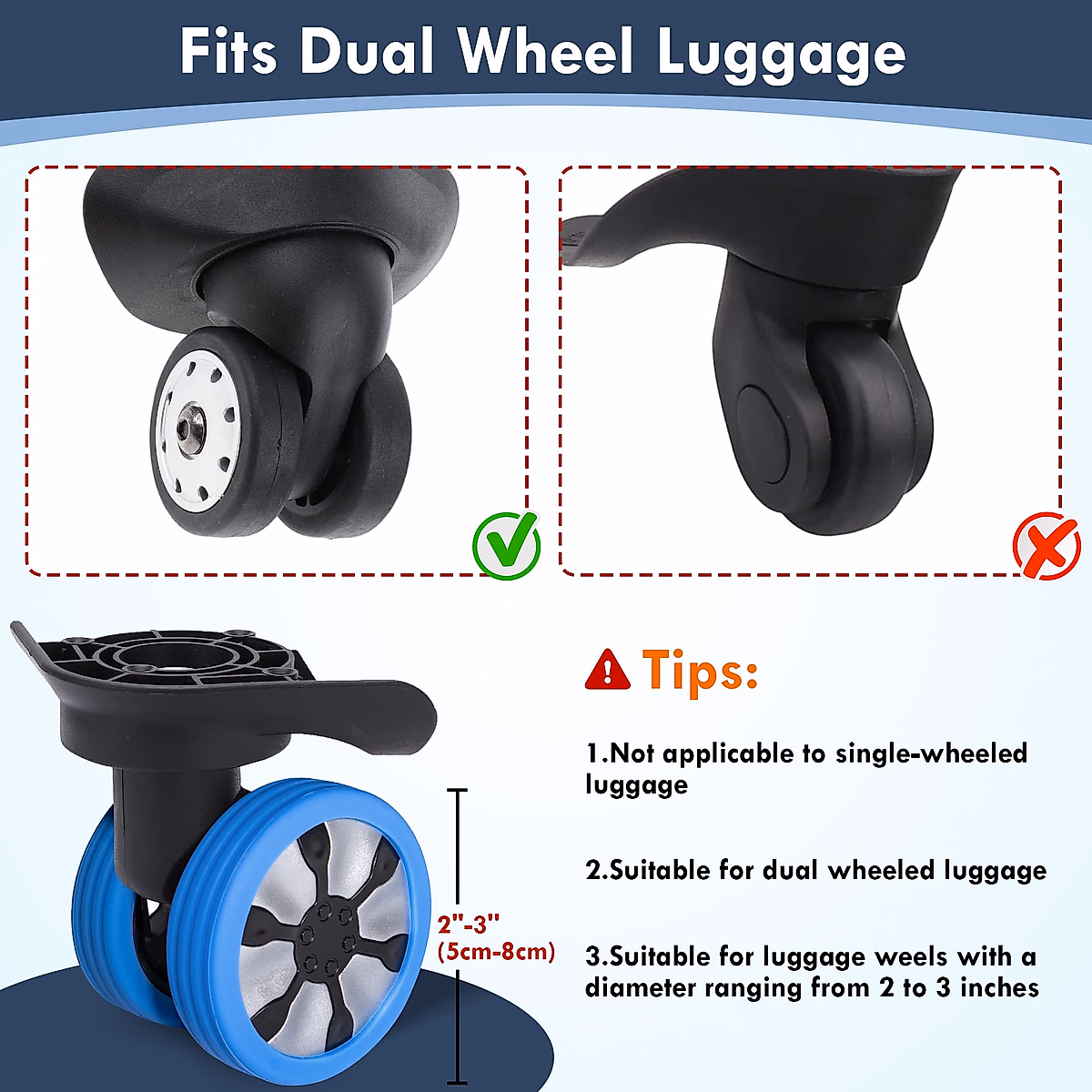 8 PCS Luggage Wheel Cover, Luggage Suitcase Wheels Protector Covers, Silicone Luggage Spinner Wheel Covers for Most 8-Spinner Wheels Travel Luggage Cover, No Noise (Blue)