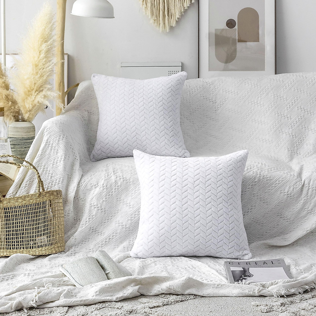 UGASA Solid Striped Velvet Decor Soft Throw Pillow Covers Toss Fashion Decorative Pillow Case Handmade Cushion Cover for Couch, 2 Pieces, 18x18 Inches, Pure White