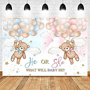 Mocsicka Bear Balloons Gender Reveal Backdrop We Can Bearly Wait Background Blue or Pink He or She Bear Gender Reveal Party Cake Table Decoration Photo Booth Props (7x5ft)