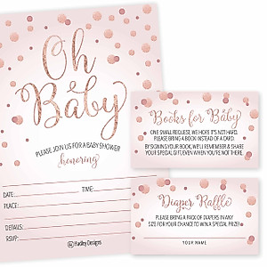 25 Blush Rose Gold Girl Oh Baby Shower Invitations, 25 Books For Baby Shower Request Cards, 25 Baby Shower Diaper Raffle Tickets For Baby Shower Girl, Cute Shabby Chic Write in Diaper Raffle Cards