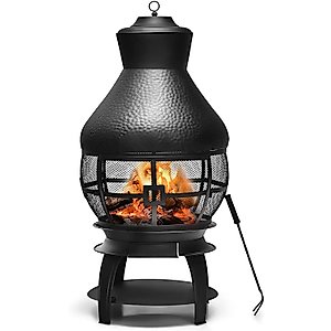 S AFSTAR Outdoor Cast Iron Chimenea, Fireplace Wooden Chiminea Fire Pit w/Fire Poker, 360°Fire Retardant Mesh Cover, Patio Wood Burning Chiminea