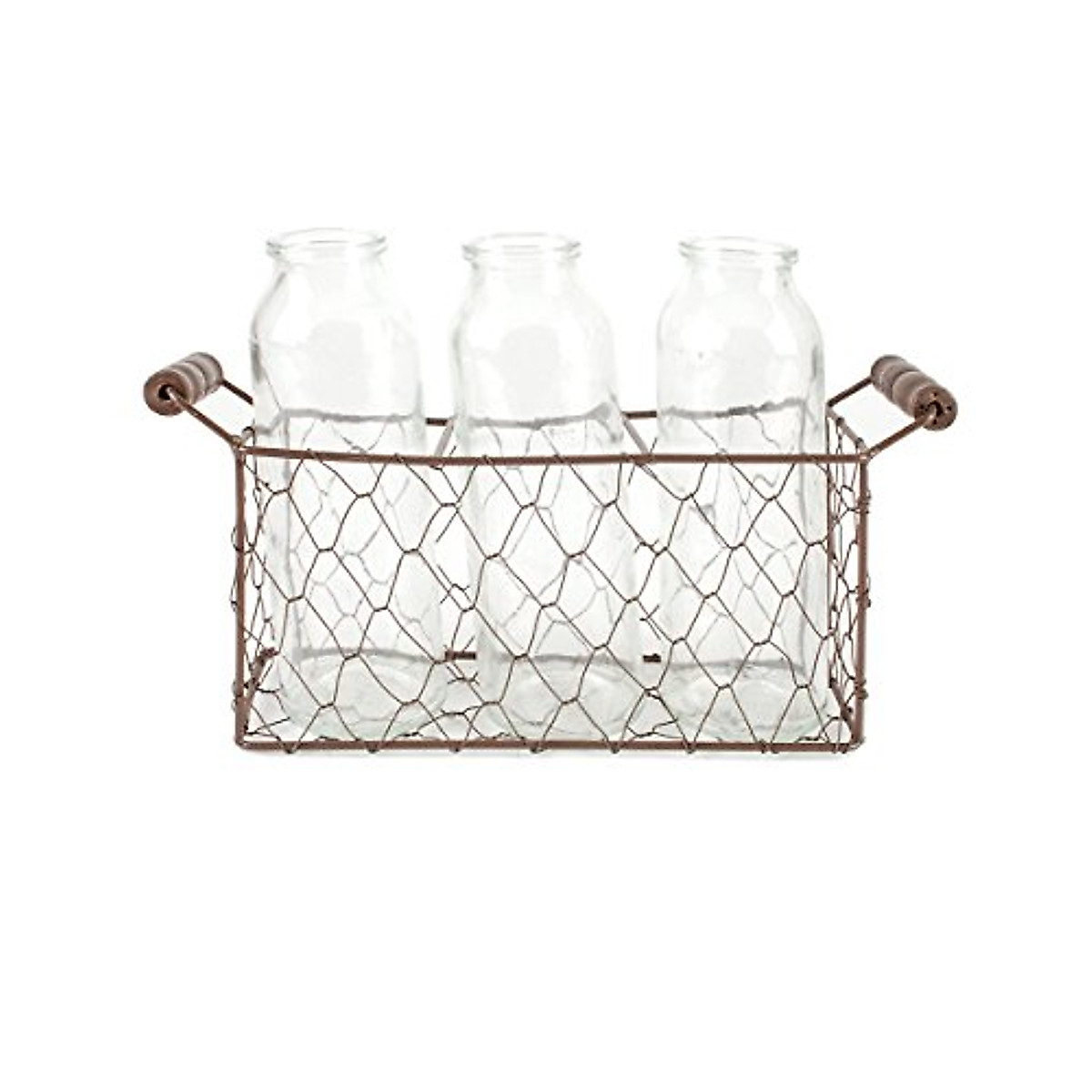 Blossom Bucket 131-36732 Tall Square Metal Basket with Three Glass Bottles, 12 X 8