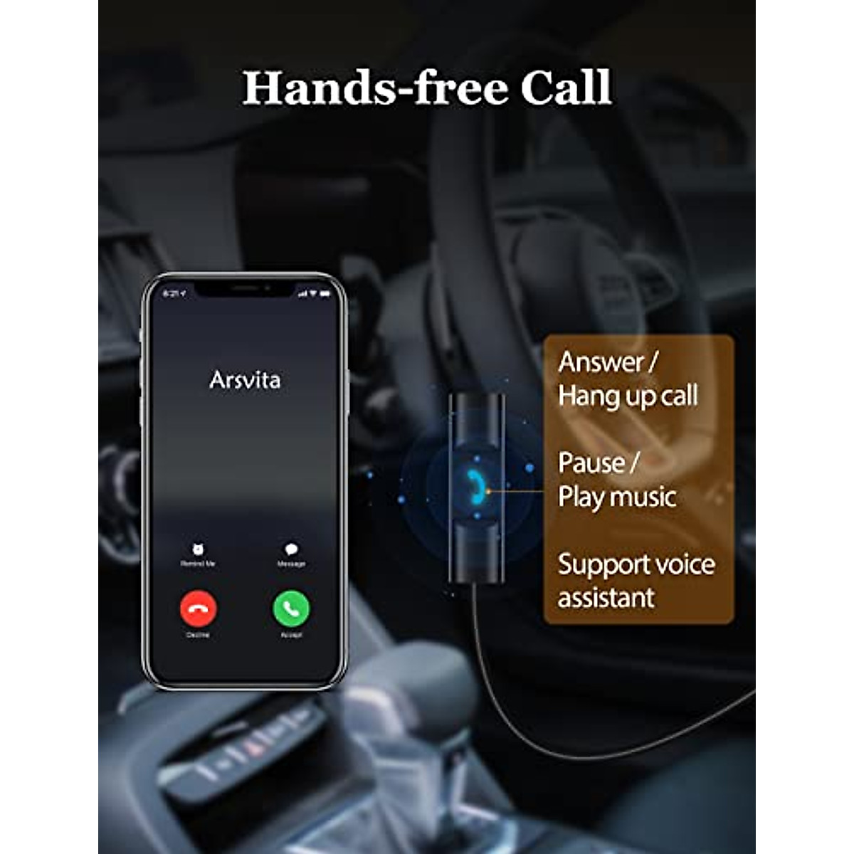 Arsvita Bluetooth 5.0 Cassette to Aux Adapter for Car, Tape Audio Adapter, Hands-Free Call, Charcoal Black