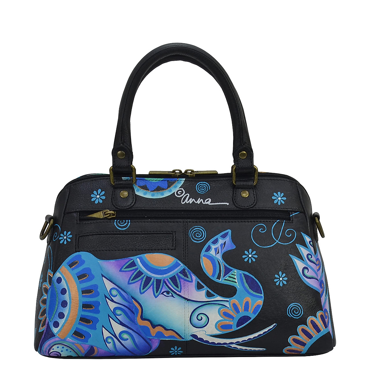 Anna by Anuschka Women's Anna Anuschka Hand Painted Women s Genuine Leather Wide Organizer Satchel Blue Elephant, Blue Elephant, One Size US