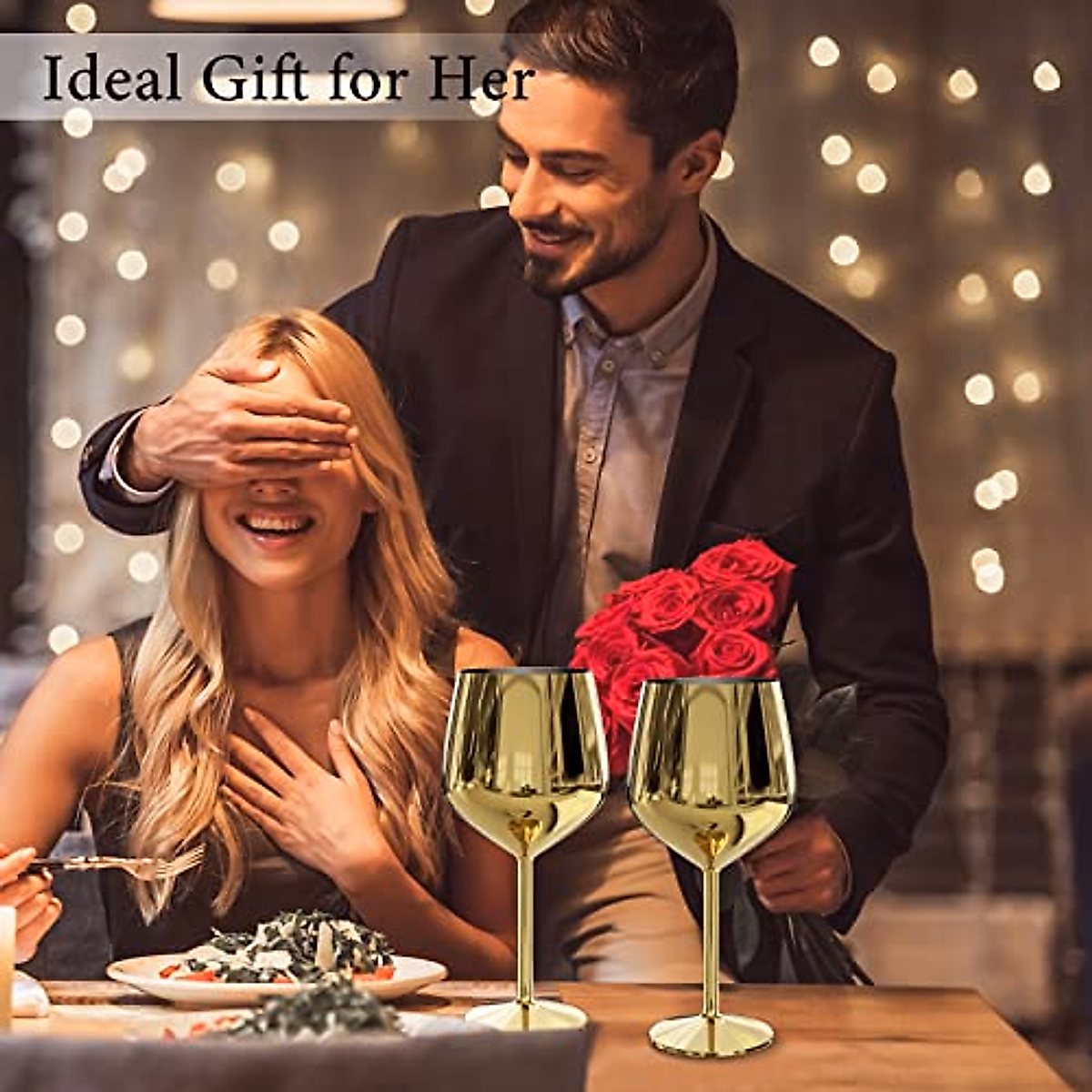 Stainless Steel Wine Glass Set of 2, 18oz Gold Wine Glass, Unbreakable Metal Wine Glasses with Wine Stoppers and Pourer, Stemmed Wine Goblet Perfect Gifts for Travel Outdoor Party