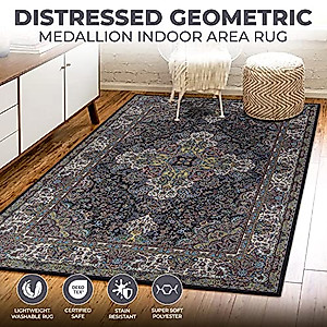 SUPERIOR Washable Indoor Large Area Rug, Southwestern Home Decor, Floor Rugs for Living Space, Dining Room, Kitchen, Office, Bedroom, Vintage Geometric Aesthetic, Cardinal Collection, 6' x 9', Black