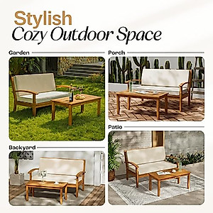 IDZO Laurent 3 Piece Acacia Wood Patio Furniture Set, 1 Outdoor Loveseats + 2 Outdoor Club Chairs, Teak Finish Wooden Patio Furniture Set with 3.9in Thick Soft Cushions for Porch Patio Garden