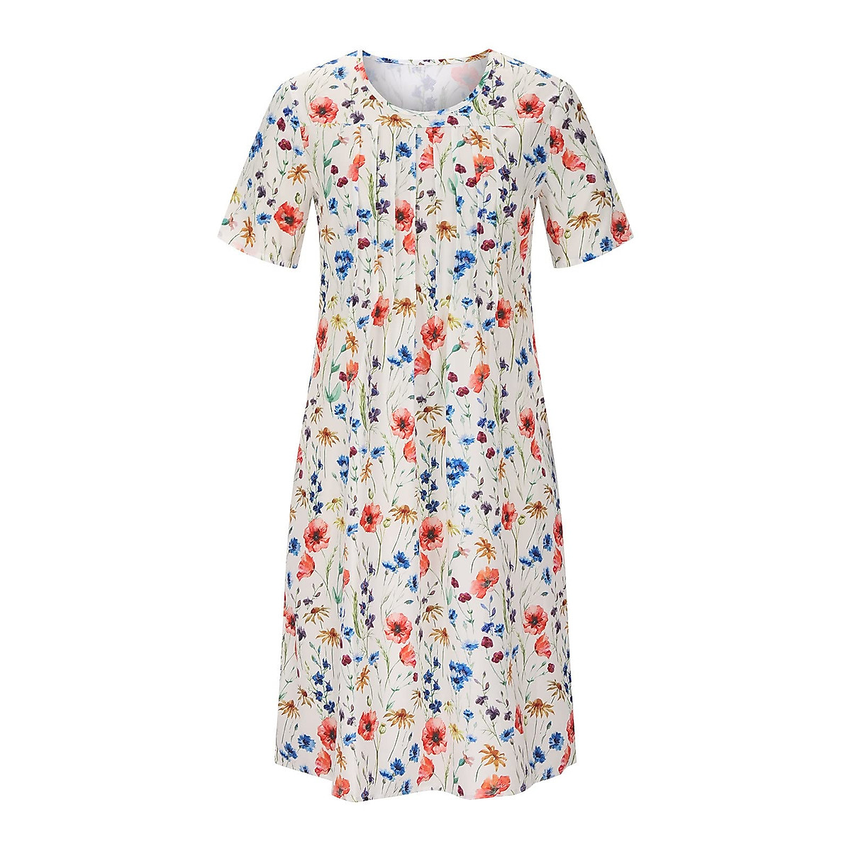 Floral Printed Casual Dress for Women Summer Crewneck Short Sleeve Swing Pleated Midi Dress Beach Party Sundress White