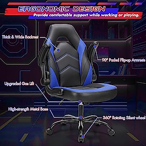 Sweetcrispy Computer Gaming Desk Chair - Ergonomic Office Executive Adjustable Swivel Task PU Leather Racing Chair with Flip-up Armrest for Adults, Kids, Men, Girls, Gamer, Black Blue