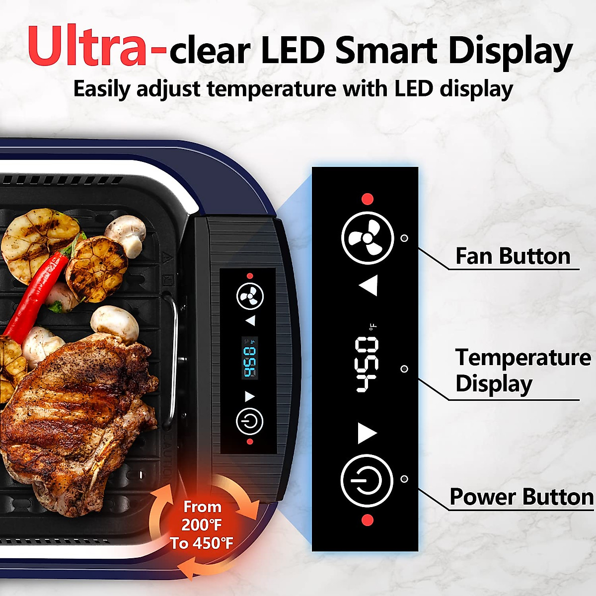 Smokeless Grill, CUSIMAX 1500W Indoor Grill, Electric Grill Griddle with LED Smart Display & Tempered Glass Lid, Portable Korean BBQ Grill, Non-stick Removable Grill & Griddle Plate