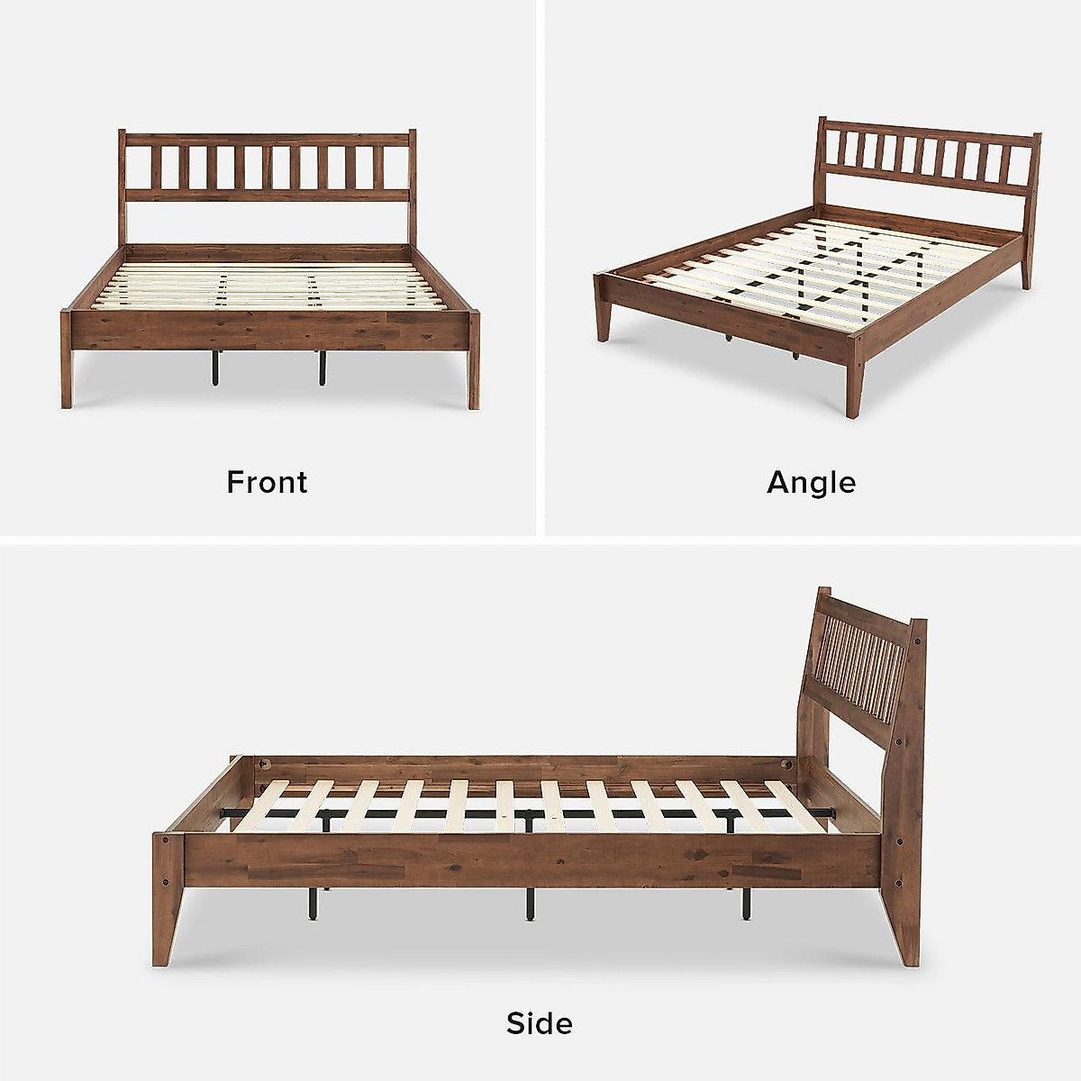 mopio Ted Bed Frame with Headboard, Mid Century Modern Acacia Solid Wood Platform Bed Frame, Wooden Bed Slats, No Box Spring Needed, Double Metal Bar Support, Walnut (Queen Bed)