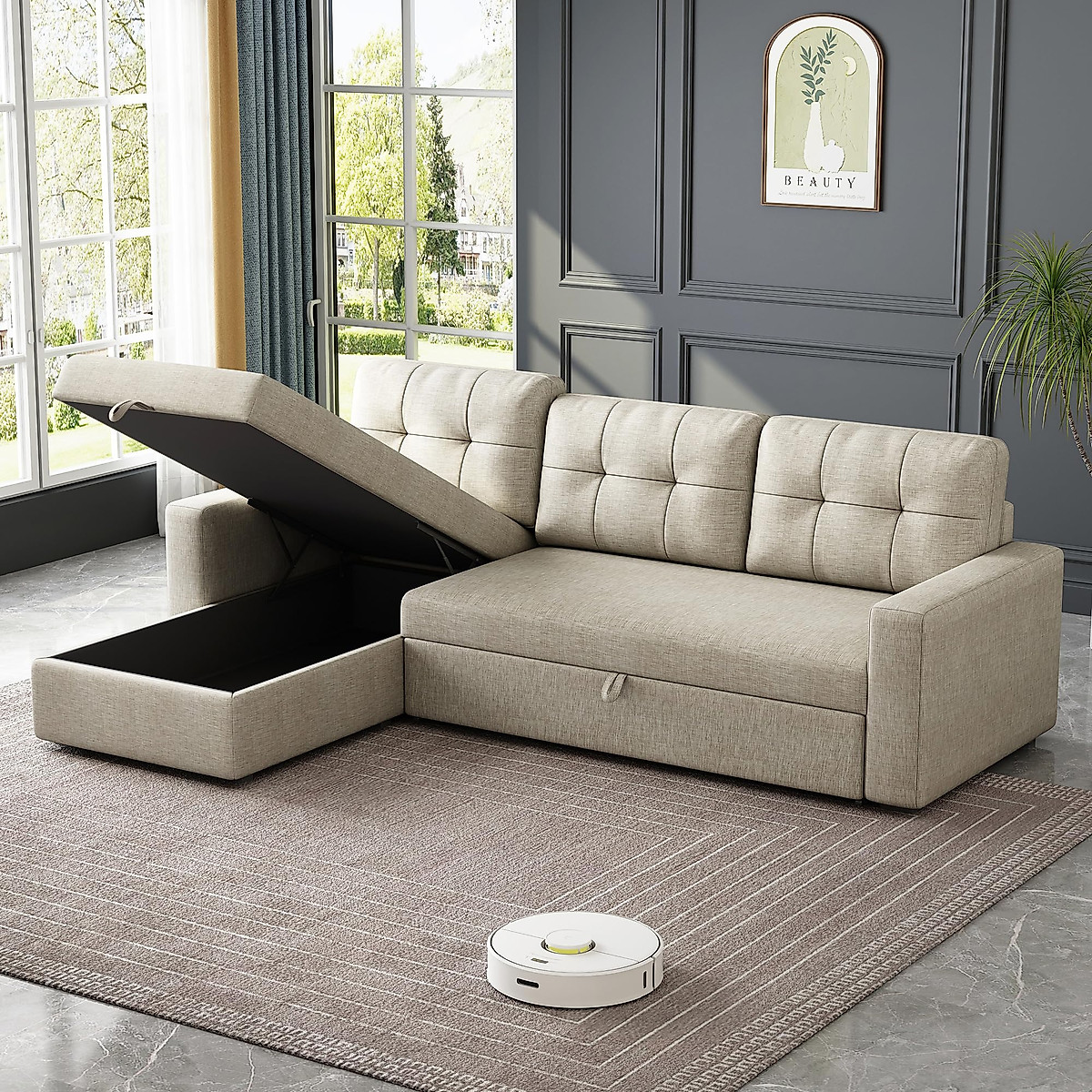 YOPTO 81.5" Sectional Sleeper Sofa with Storage Chaise, L Shaped Pull Out Couch Bed with 3 Removable Back Cushion for Living Room, Apartment,Office,Beige