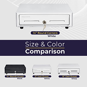 Volcora Cash Register Drawer for (POS) Point of Sale System with Round Corner 13", Removable Coin Tray, 4 Bill/5 Coin, 24V, RJ11/RJ12 Key-Lock, Media Slot,Cash Till for Businesses, White