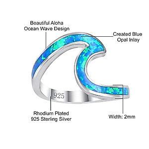 Aloha Jewelry Company 925 Sterling Silver Created Opal Ocean Beach Wave Ring Wedding Band Hawaii, Nickle Free and Hypoallergenic For Sensitive Skin, With Gift Box (Blue Opal, 4)