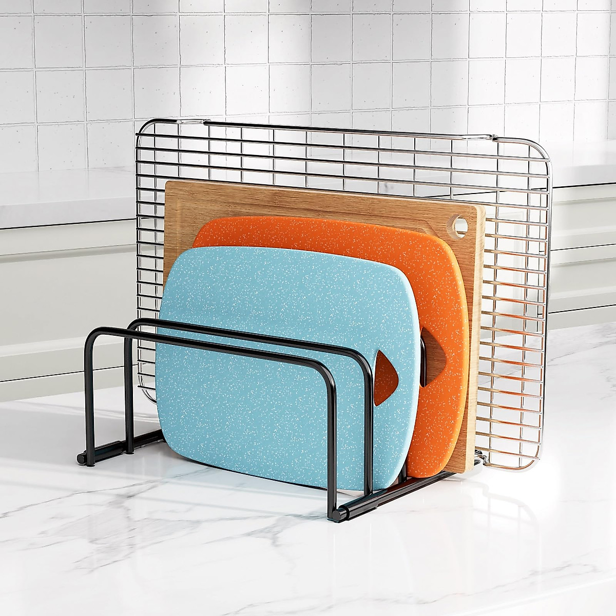 Cutting Board Organizer Rack- Metal Black Holder Stand for Cutting Boards, Baking Sheets, Cookie Pans, Cooling Small Racks Storage Stand and Bakeware for Kitchen Cabinet Countertop Bakeware Organizer