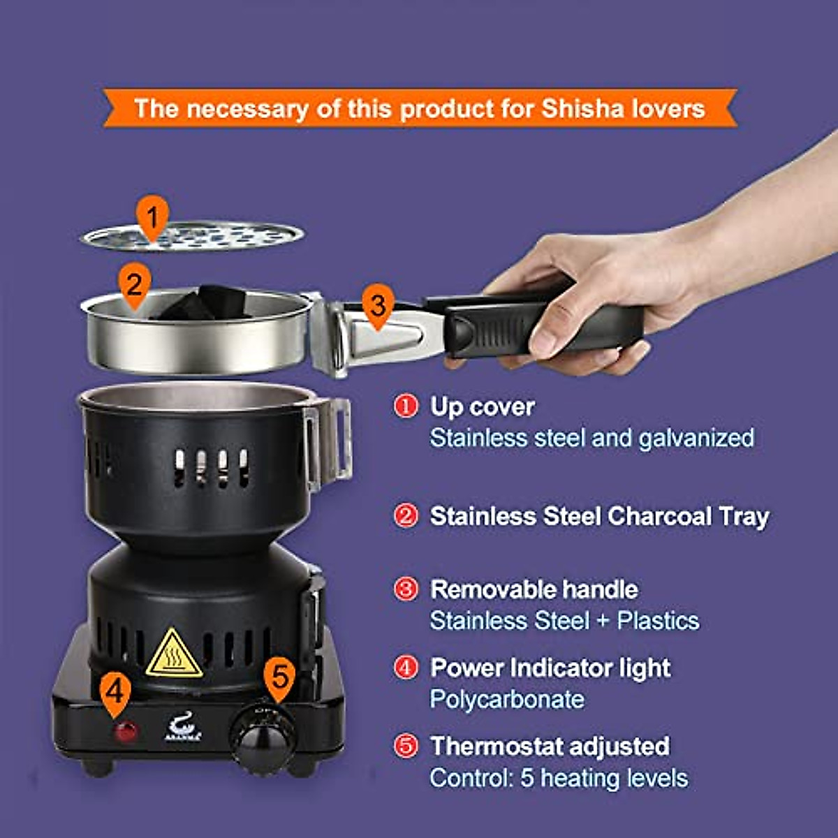 Charcoal Starter - Coal Burner Hot Plate Durable Faster Electric Coal Stove 120V~650W with Detachable Handle Stainless Steel Grill & Rack Smart Heat Control for BBQ Kitchen