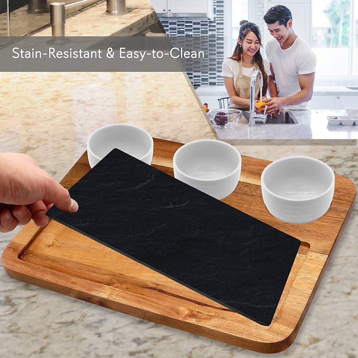 Nutrichef Cheese & Snack Presentation Platter-Sauce Bowls and Wood Serving Tray Set with Slate Stone, One Size, Brown