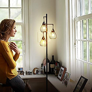 Brightech Teardrop LED Floor Lamp – Tree Standing Lamp with 3 Elegant Cage Heads & Edison Bulbs – Standing Lamp for Living Rooms & Offices – Tall Standing Lamp Ideal for Bedroom Reading – Black