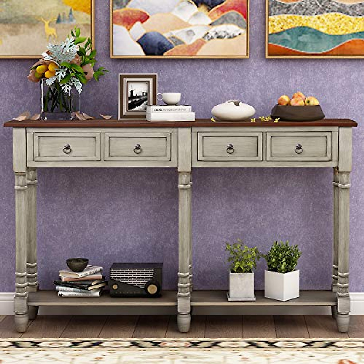 AWQM Console Table with Drawers, Long Shelf Sofa Table, Ideal for Living Room,Entryway/Hallway, 58”L x 11”W x 34”H,Antique Grey