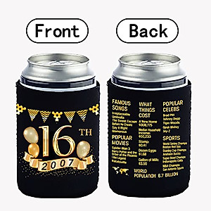Yangmics 16th Birthday Can Cooler Sleeves Pack of 12- 2007 Sign - 16th Birthday Party Supplies - 16th Anniversary Decorations - Black and Gold Sixteenth Birthday Cup Coolers