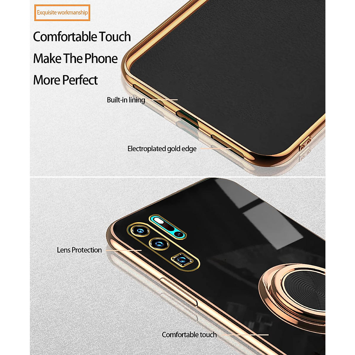 Wousunly Compatible with Huawei P30 Pro Case Ring Holder Magnet Green, Huawei P30 Pro Phone Case Silicone Shockproof Plate Luxury Slim Cover (Black)